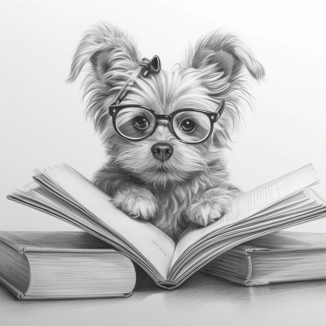 Cute Puppy With Reading Glasses Reading a Book - Etsy
