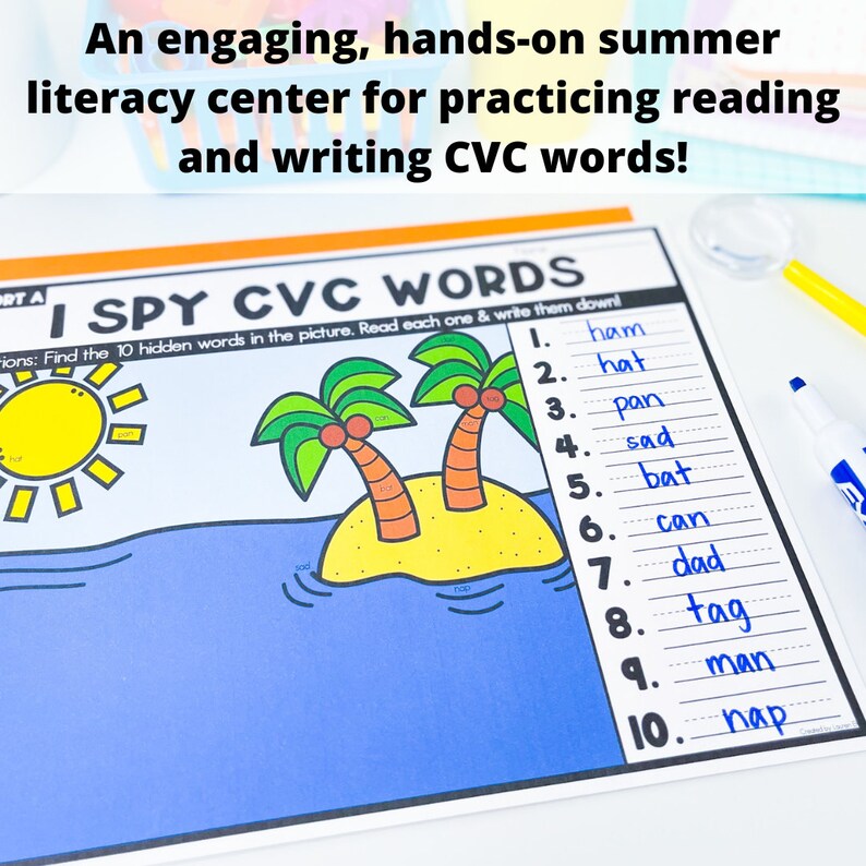 I Spy CVC Words - Summer Literacy Center - Kindergarten Activities - Etsy
