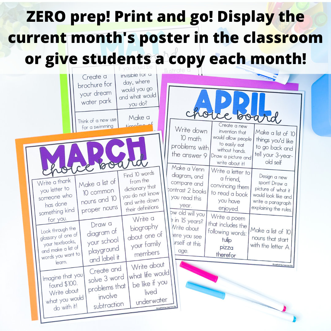 Early Finishers Activities - Monthly Choice Boards for the Entire Year ...
