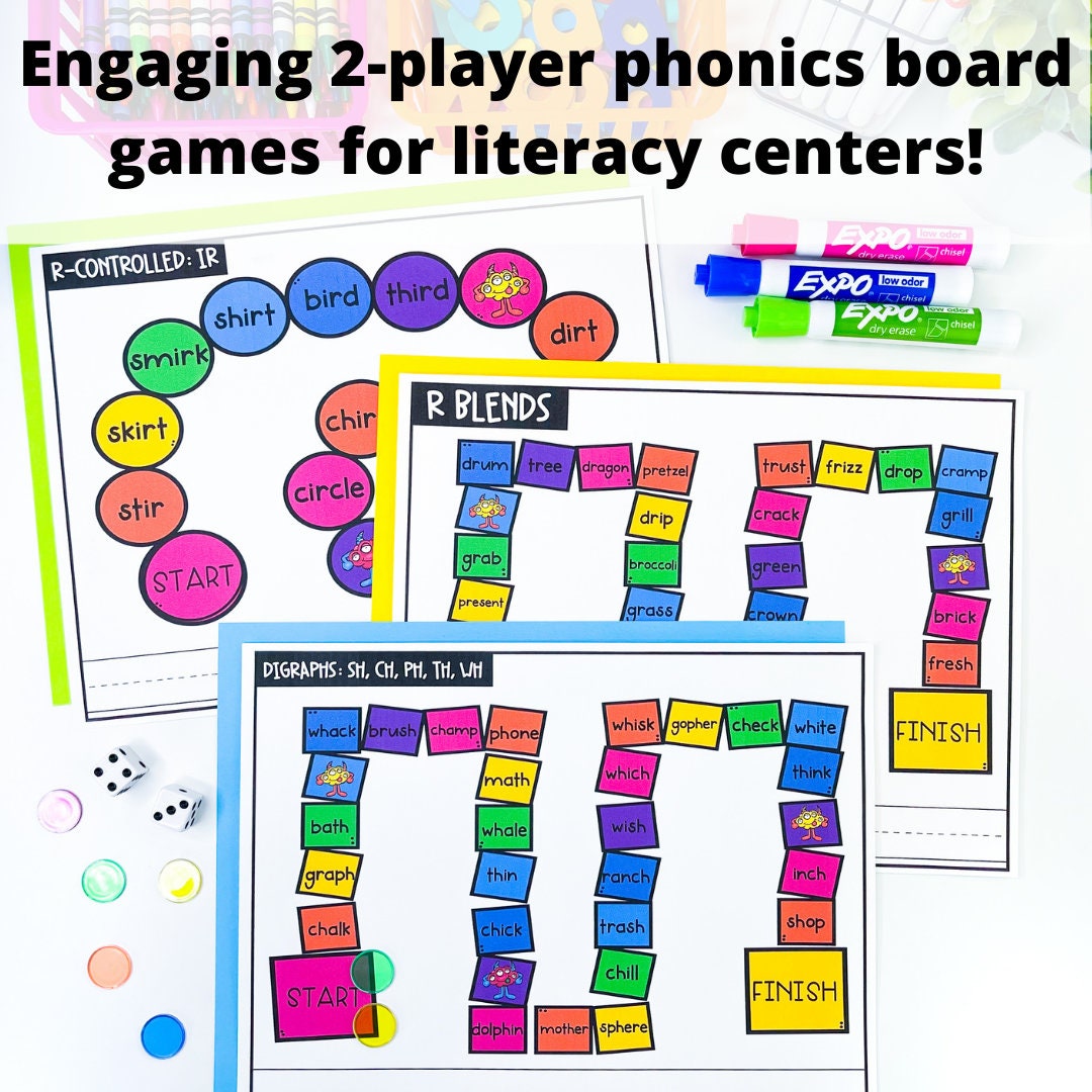 Phonics Games - Literacy Center Games - CVC Words Blends Digraphs Vowel ...