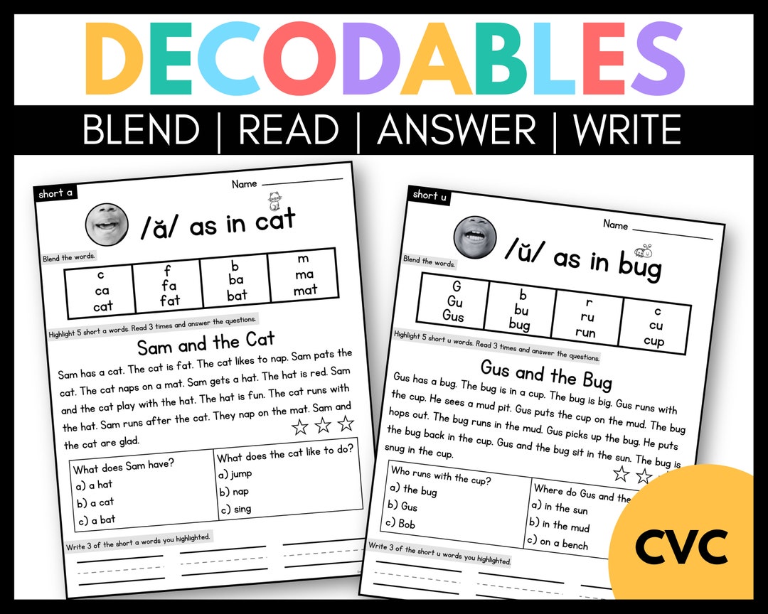 CVC Word Decodable Passages With Blending Comprehension and Writing ...
