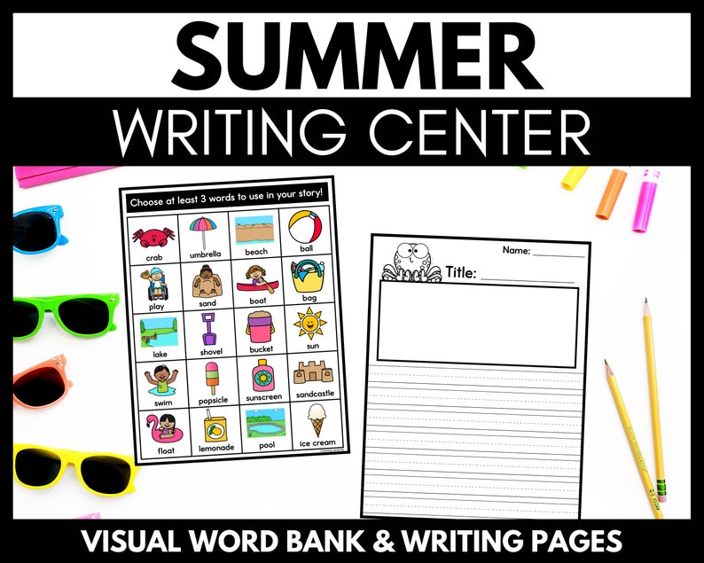 Summer Writing Center - Visual Word Bank & Writing Paper - Etsy