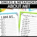 Similes and Metaphors About Me - Figurative Language Worksheets - Etsy