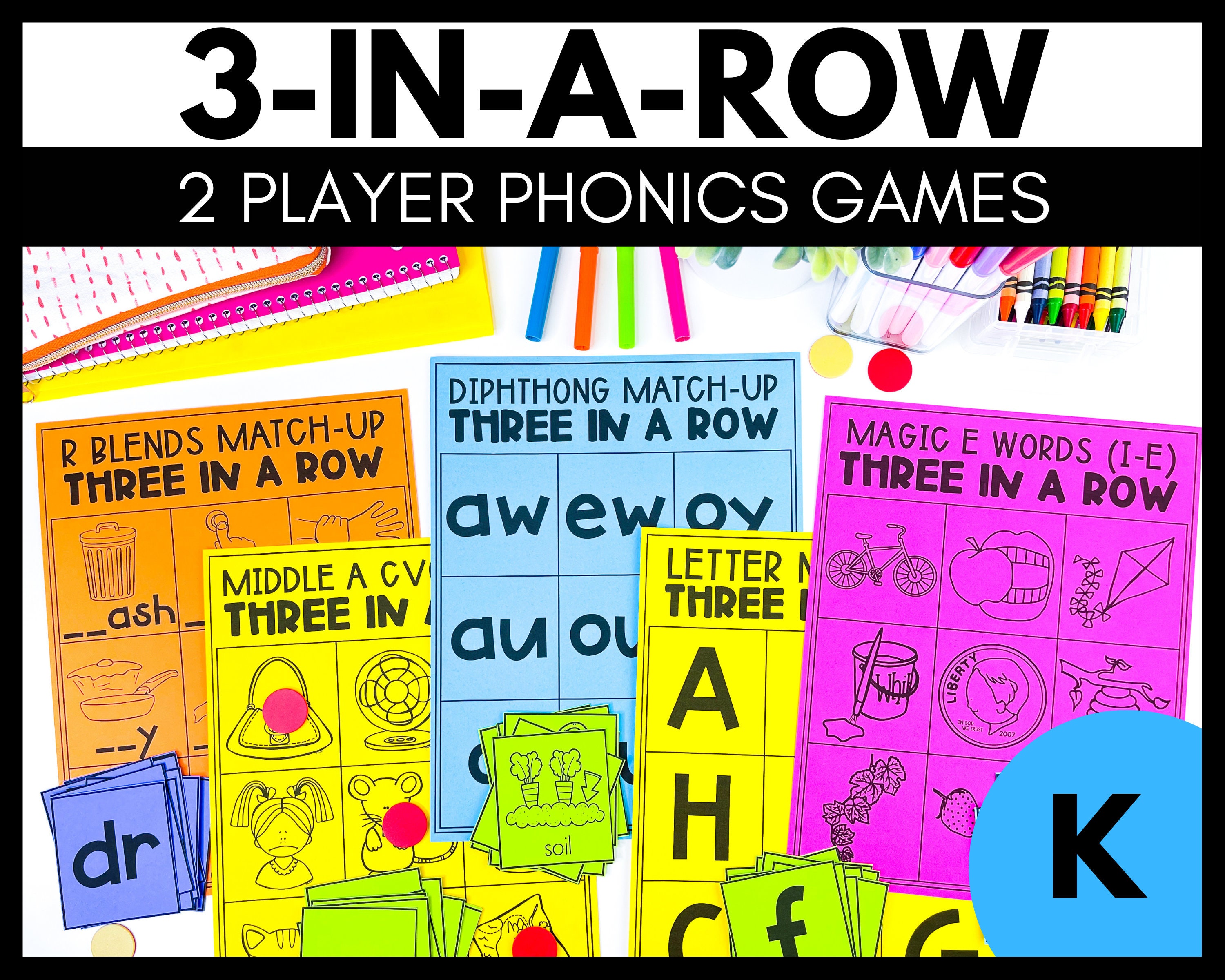 Phonics Games for Kindergarten Literacy Centers - 3 in a Row Games - Etsy