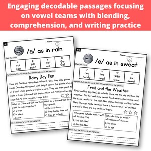 Vowel Teams Decodable Passages With Blending, Comprehension and Writing ...
