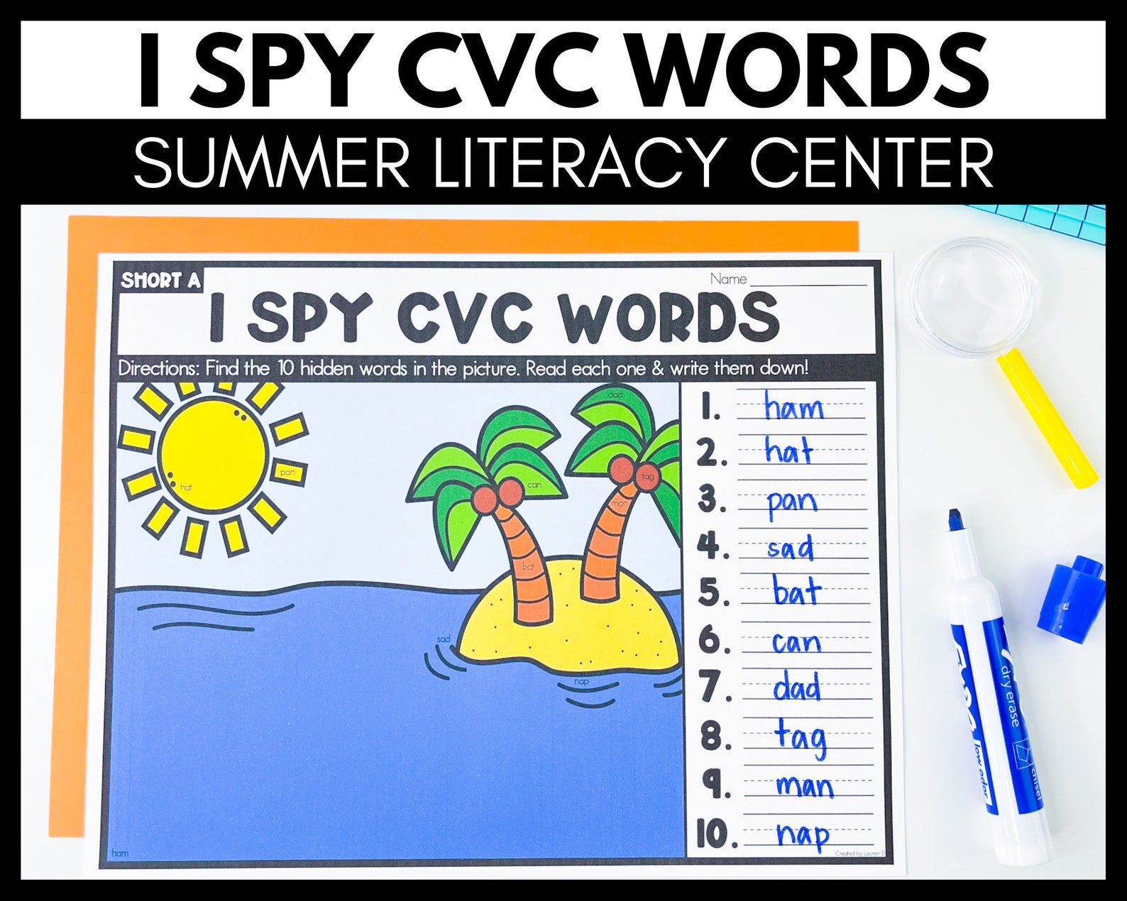 I Spy CVC Words - Summer Literacy Center - Kindergarten Activities - Etsy