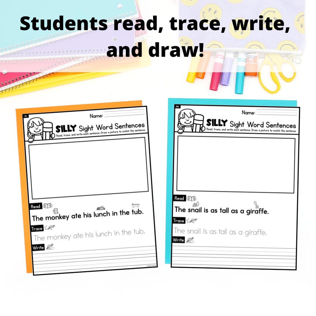 Sight Word Practice - Silly Sentences Reading Tracing Writing Drawing ...