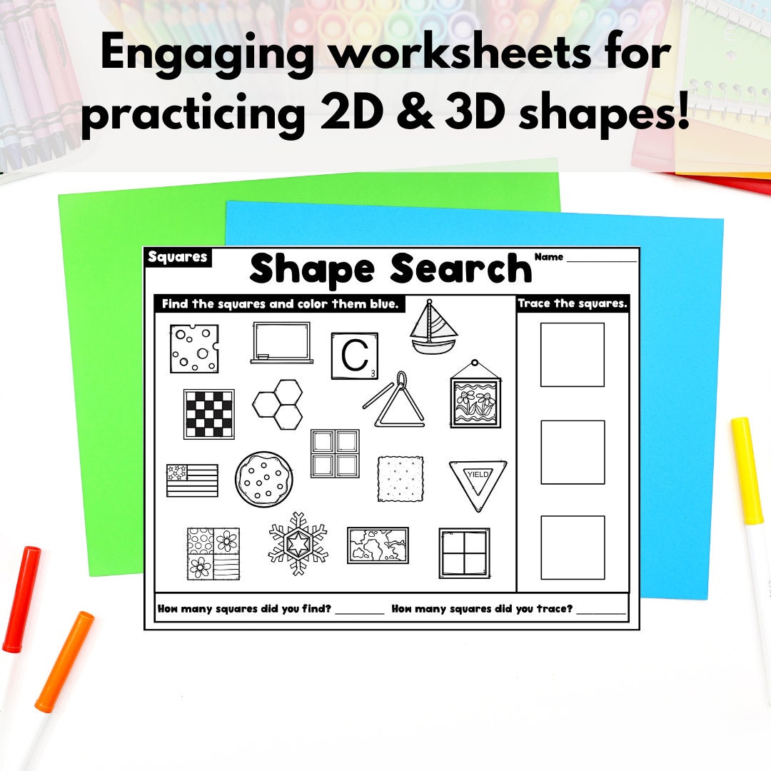 2D and 3D Shapes Worksheets - Shape Search - Color, Trace, Count - Etsy