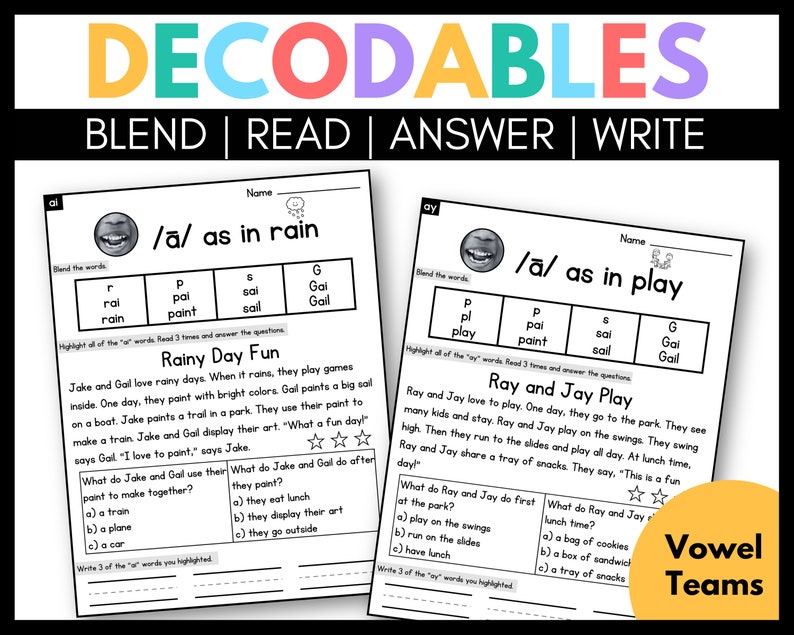 Vowel Teams Decodable Passages With Blending, Comprehension and Writing ...