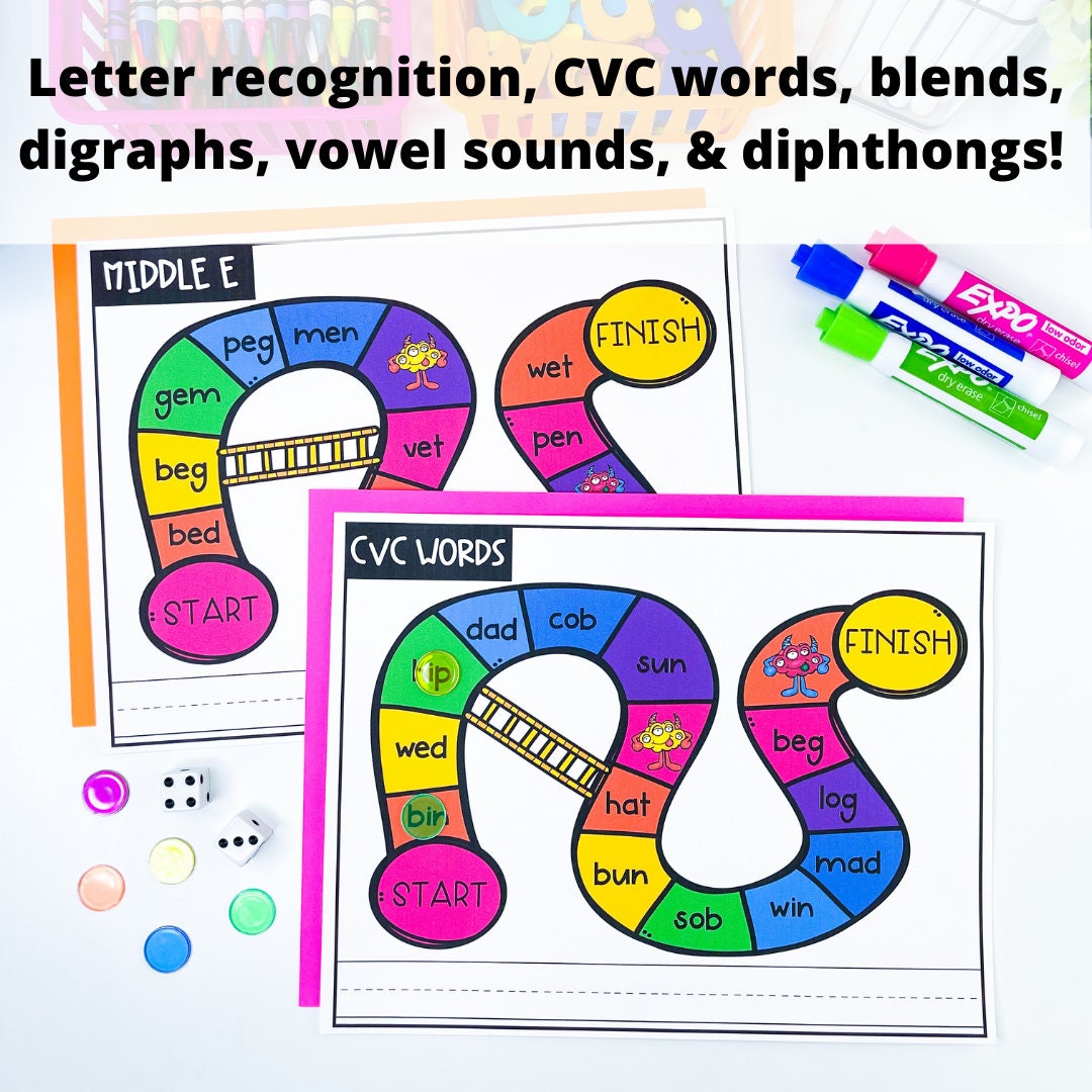 Phonics Games - Literacy Center Games - CVC Words Blends Digraphs Vowel ...