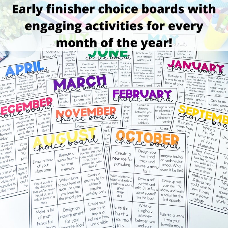 Early Finishers Activities - Monthly Choice Boards for the Entire Year ...