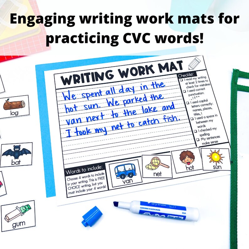 Writing Work Mat - CVC Words - Write & Wipe Mats With CVC Word Cards - Etsy
