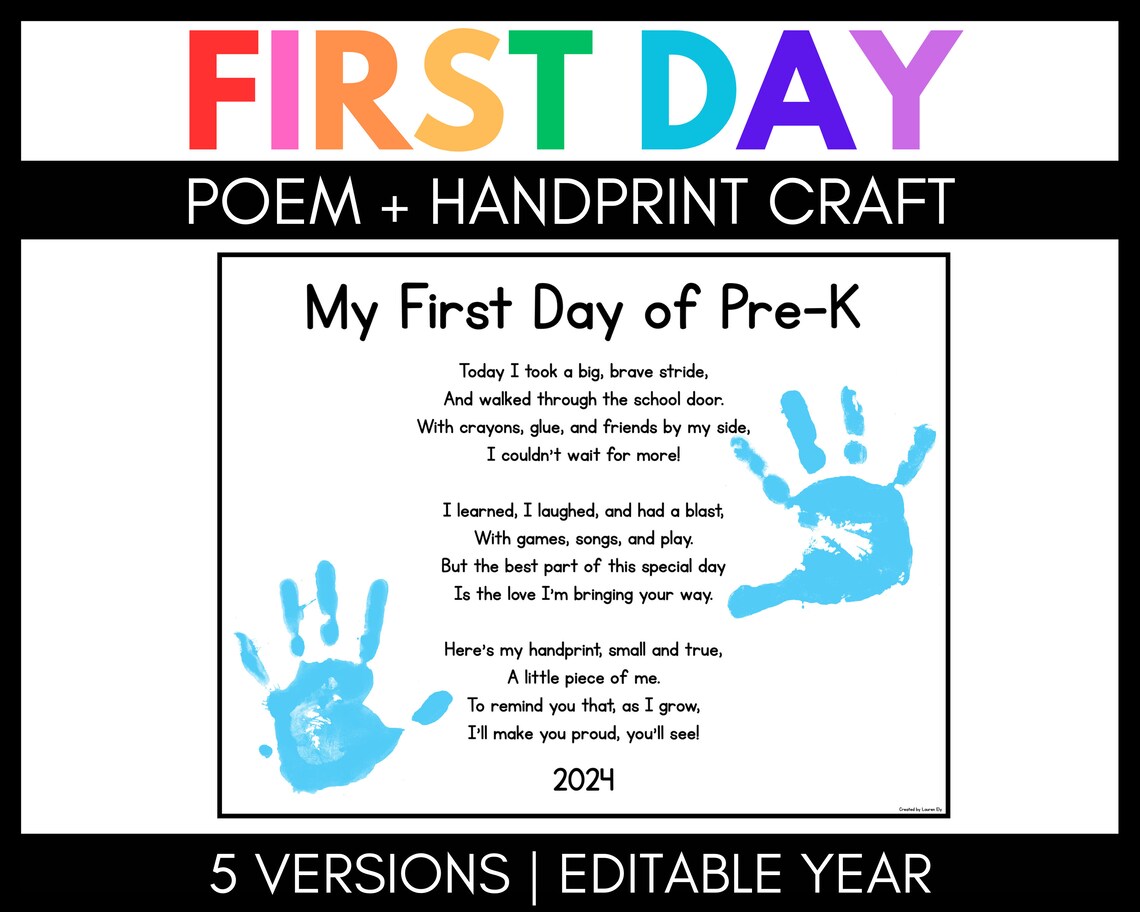 First Day of School Poem and Handprint Craft | Preschool, Pre-k ...
