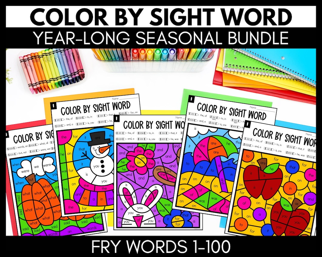 Sight Words Worksheets - Color by Sight Word Year Long Seasonal Bundle ...