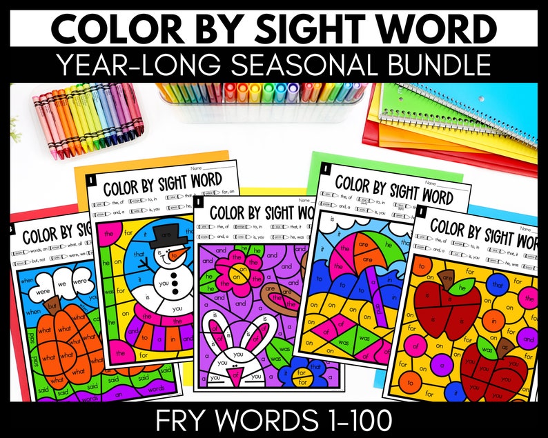 Sight Words Worksheets - Color by Sight Word Year Long Seasonal Bundle ...