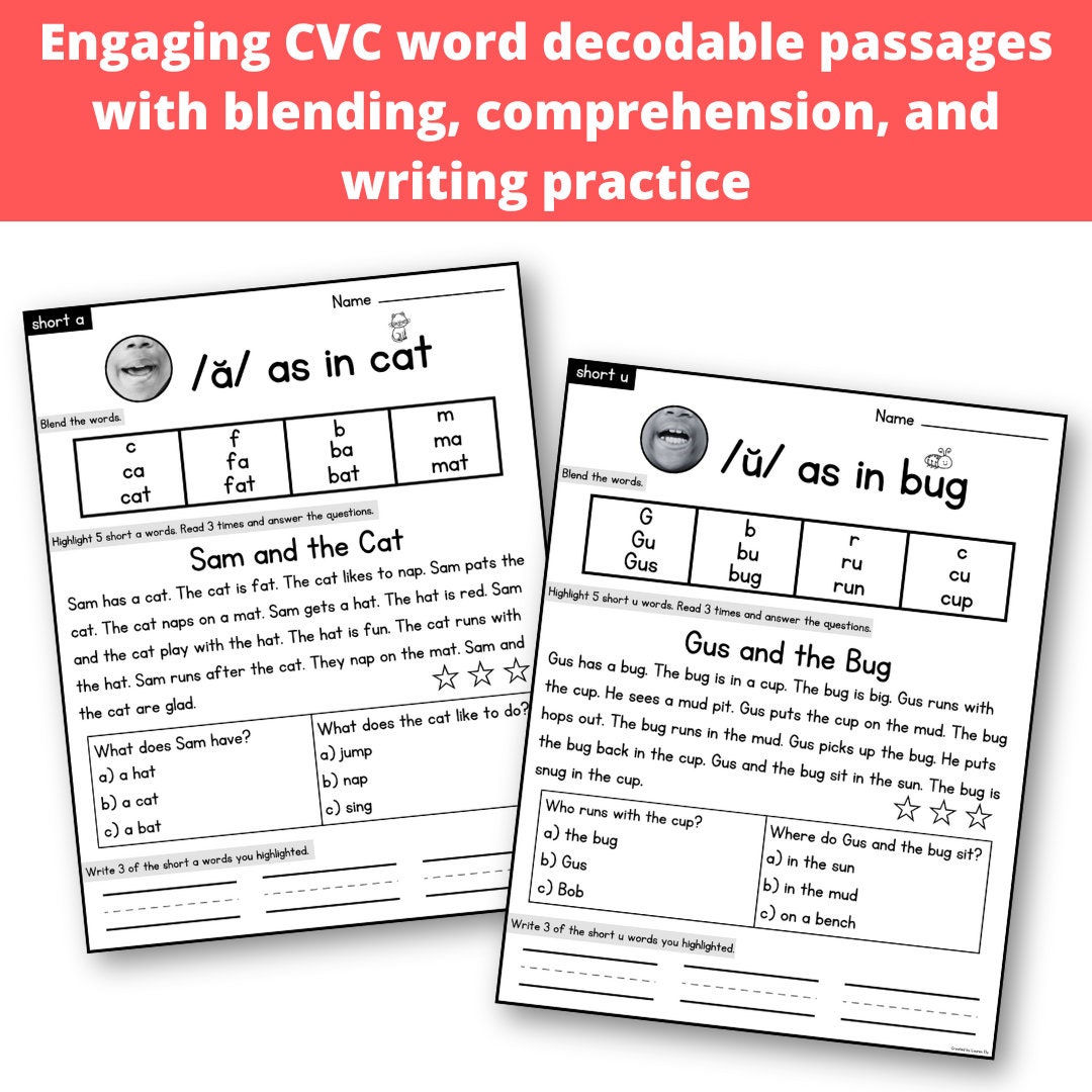 CVC Word Decodable Passages With Blending Comprehension and Writing ...