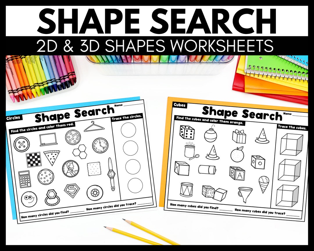 2D and 3D Shapes Worksheets - Shape Search - Color, Trace, Count - Etsy