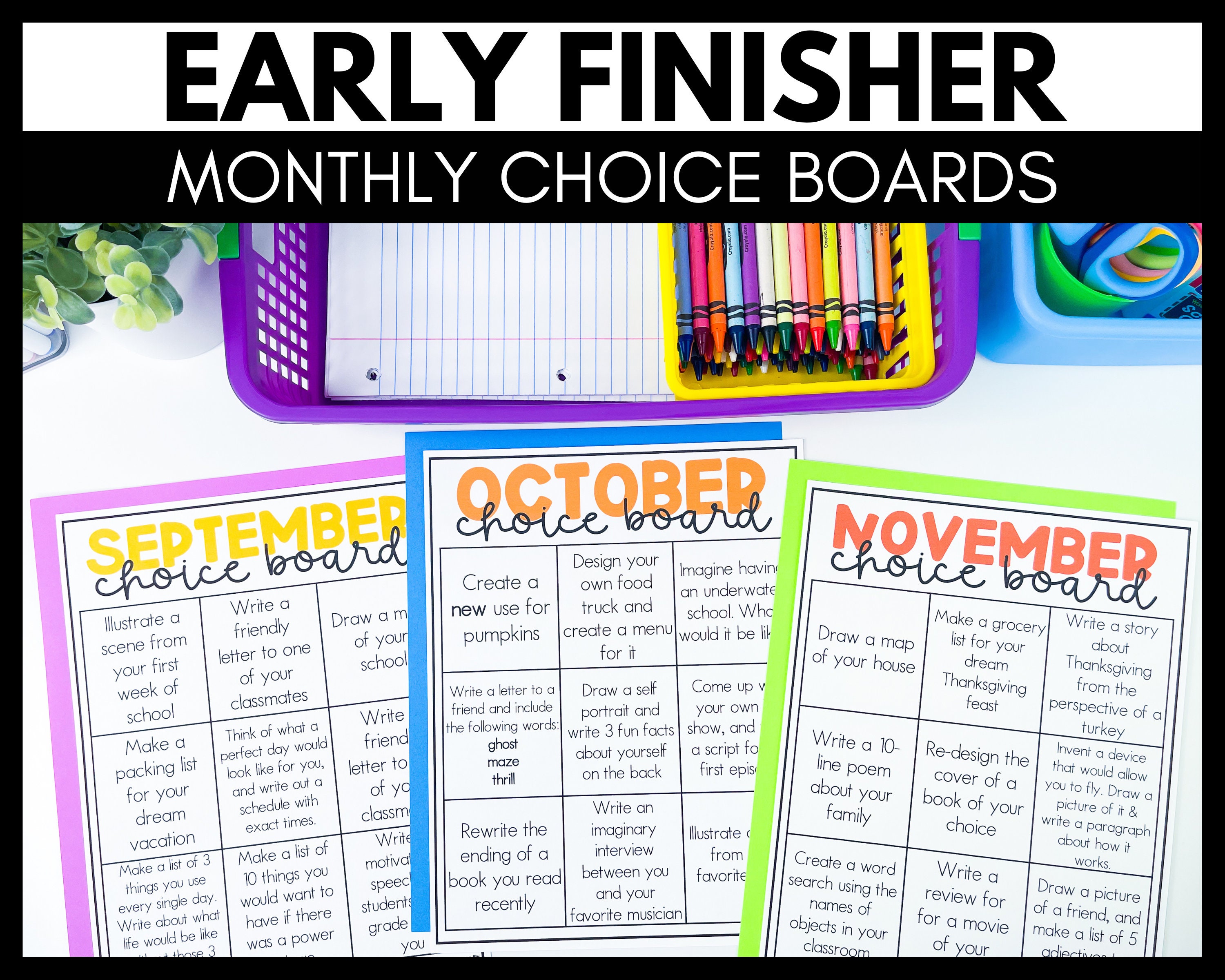 Early Finishers Activities - Monthly Choice Boards for the Entire Year ...