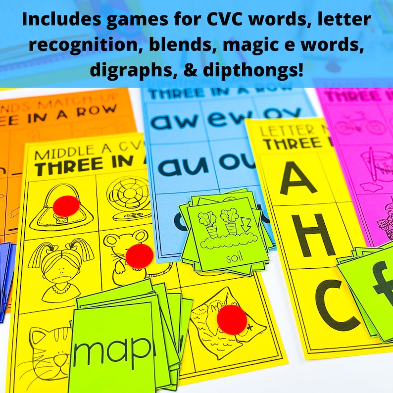 Phonics Games for Kindergarten Literacy Centers - 3 in a Row Games - Etsy