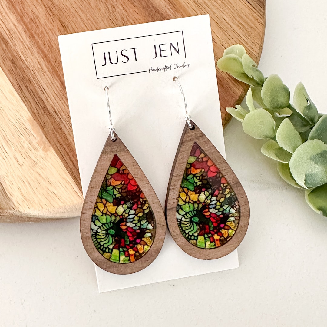 Mosaic Stained Glass Earrings // Teardrop // Walnut Wood // Colorful ...