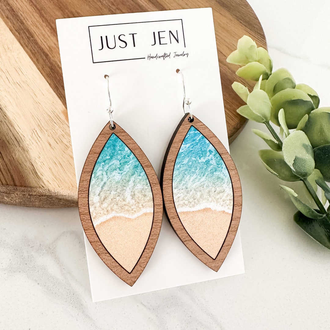 Beach Themed Earrings // Ocean & Sand // Petal Shape // Mahogany Wood ...
