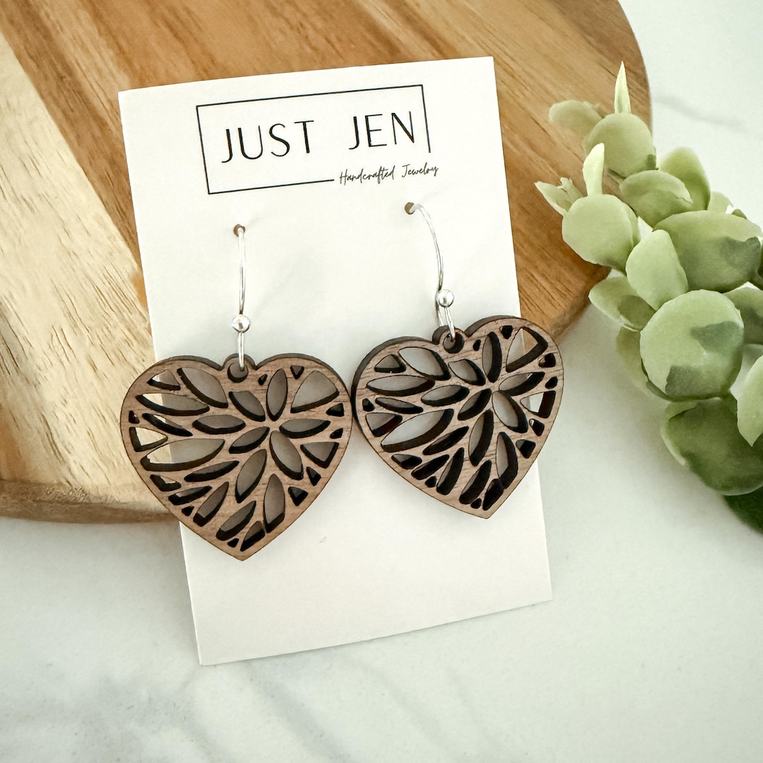 Wooden Heart Earrings // Floral Leaves // Walnut Wood // Statement ...