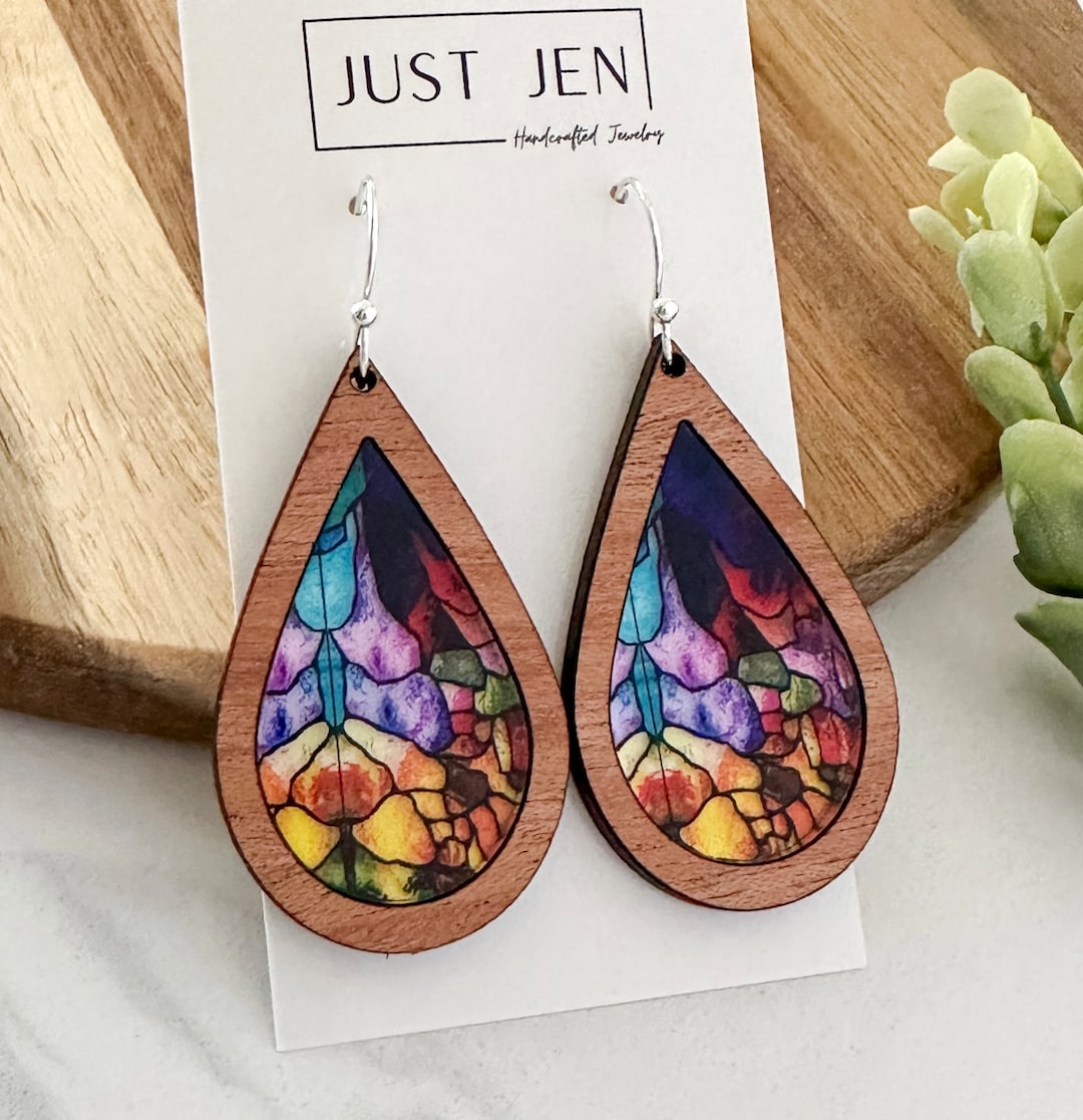 Mosaic Stained Glass Earrings // Teardrop // Mahogany Wood // Bright ...