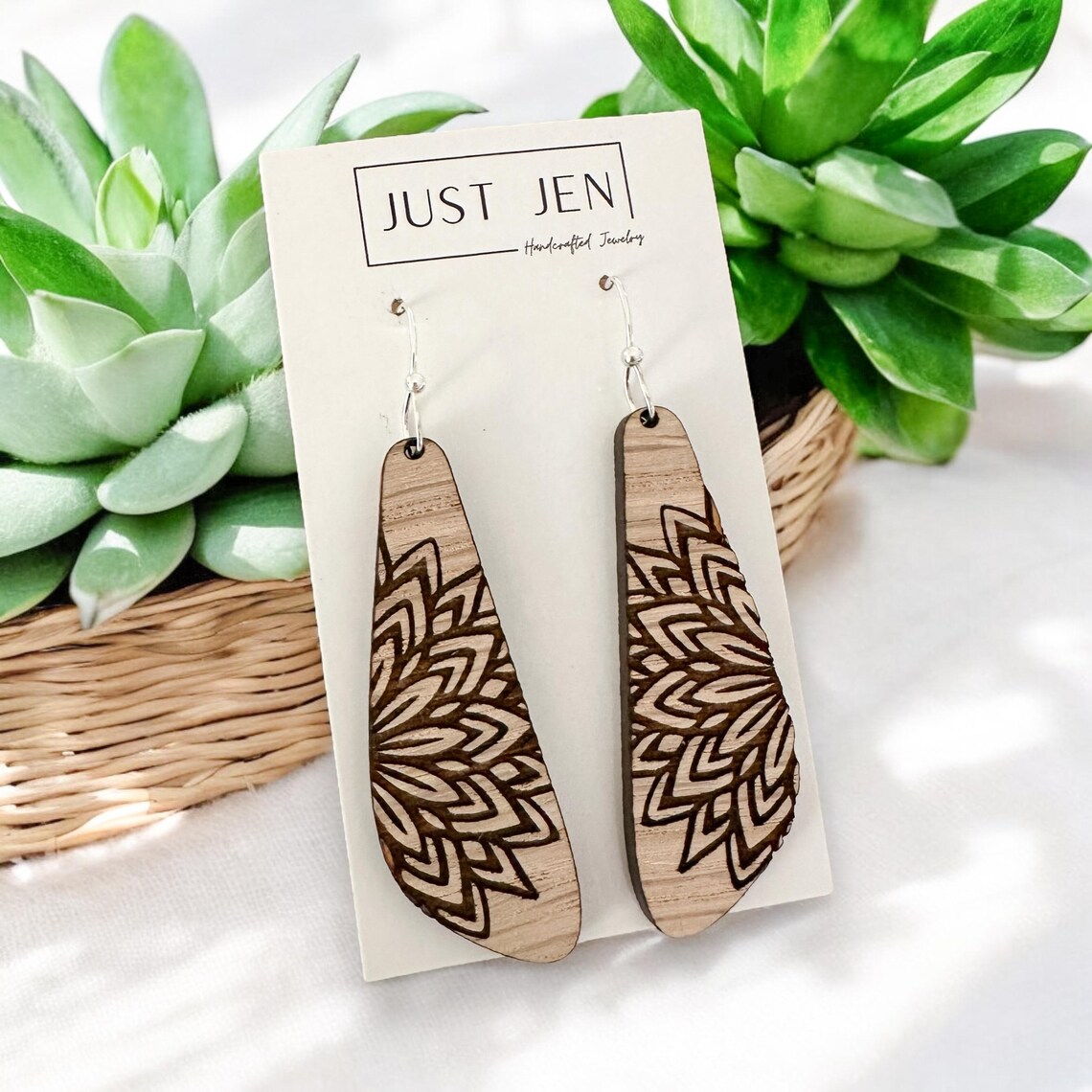 Mandala Engraved Floral Earrings // Elongated Rectangle Wooden Earrings ...
