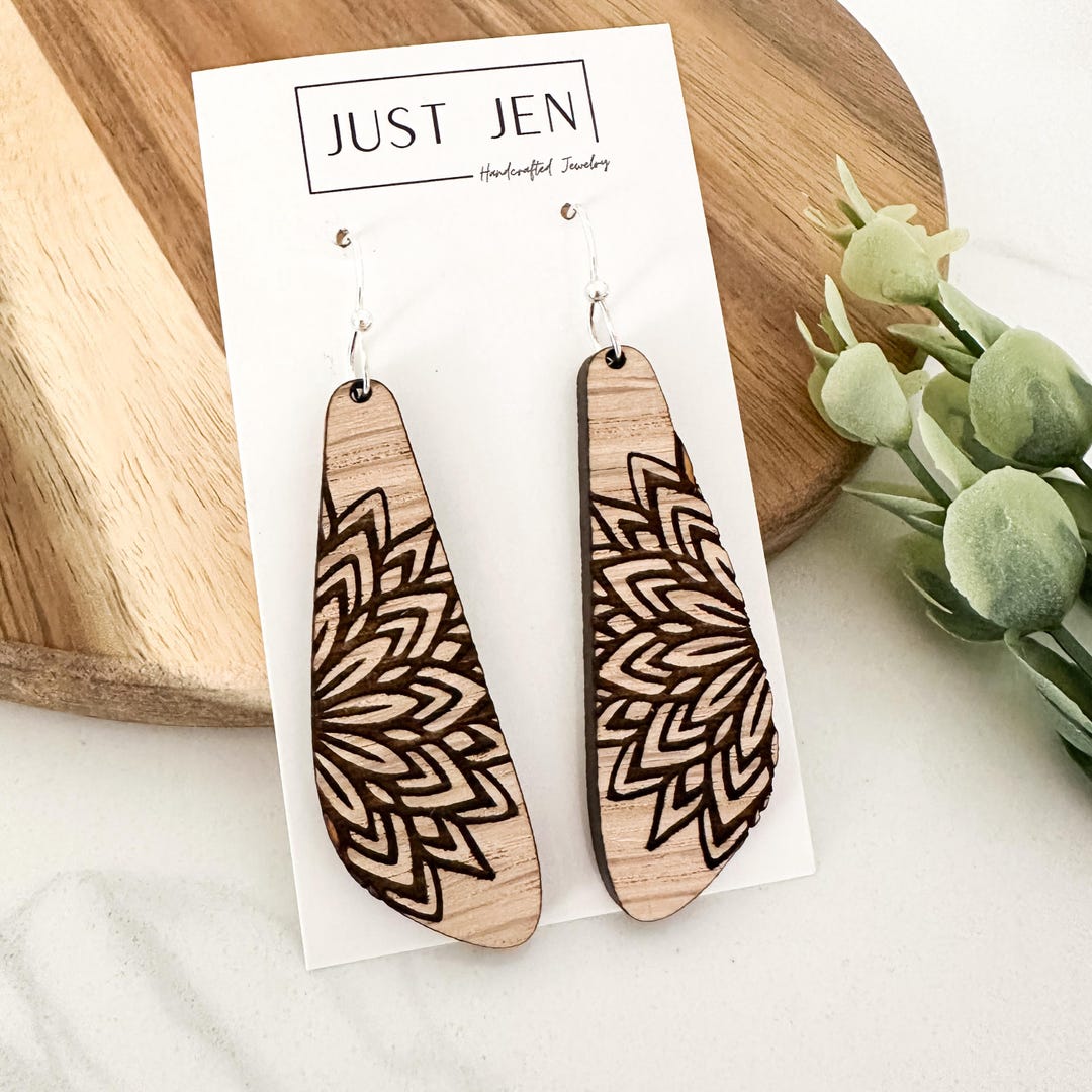 Mandala Engraved Floral Earrings // Elongated Rectangle Wooden Earrings ...