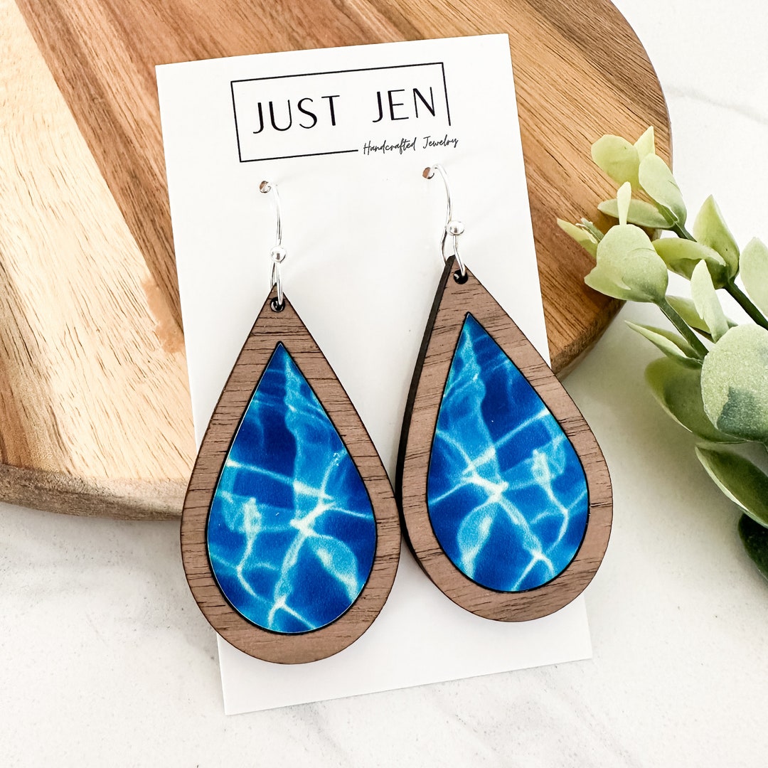 Blue Abstract Earrings // Beachy Earrings // Teardrop Shape // Walnut ...