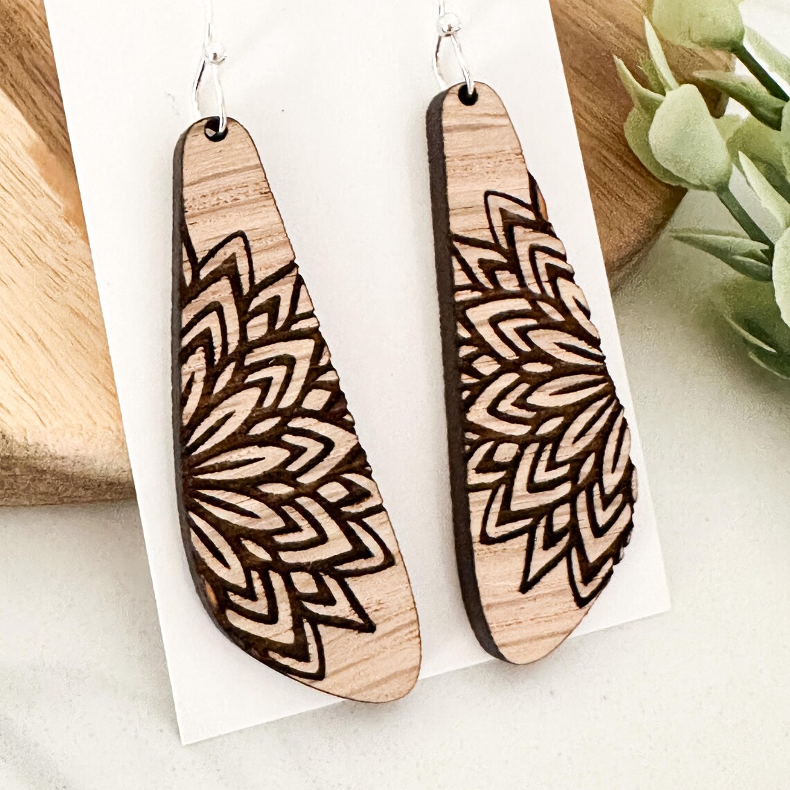 Mandala Engraved Floral Earrings // Elongated Rectangle Wooden Earrings ...