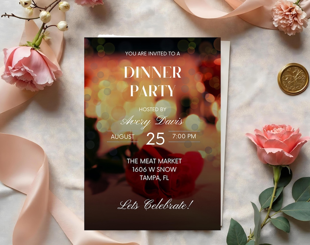 Romantic Dinner Invitation, Elegant Party Card, Editable Canva Template ...