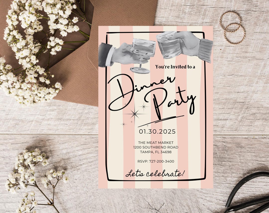 Vintage Dinner Invitation, Retro Digital Party Card, Editable Canva ...