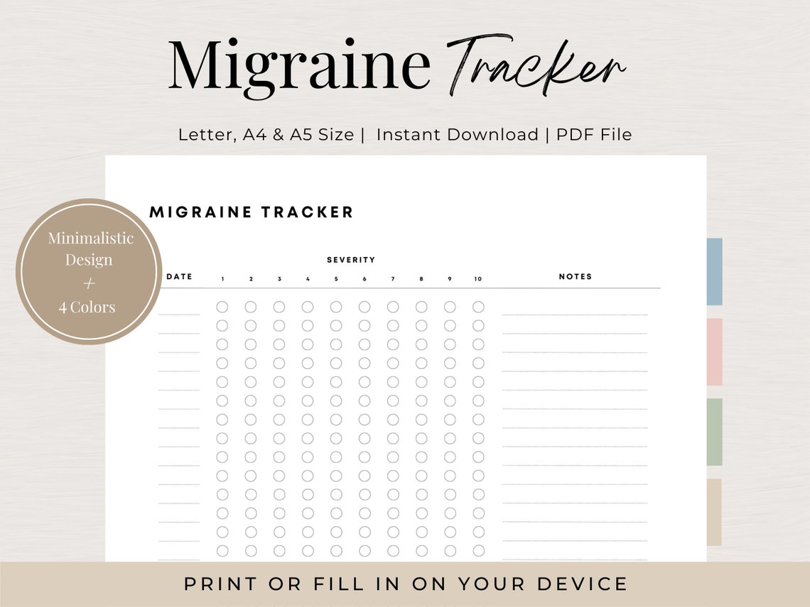 Migraine Tracker Printable, Chronic Pain Tracker, Migraine Log ...