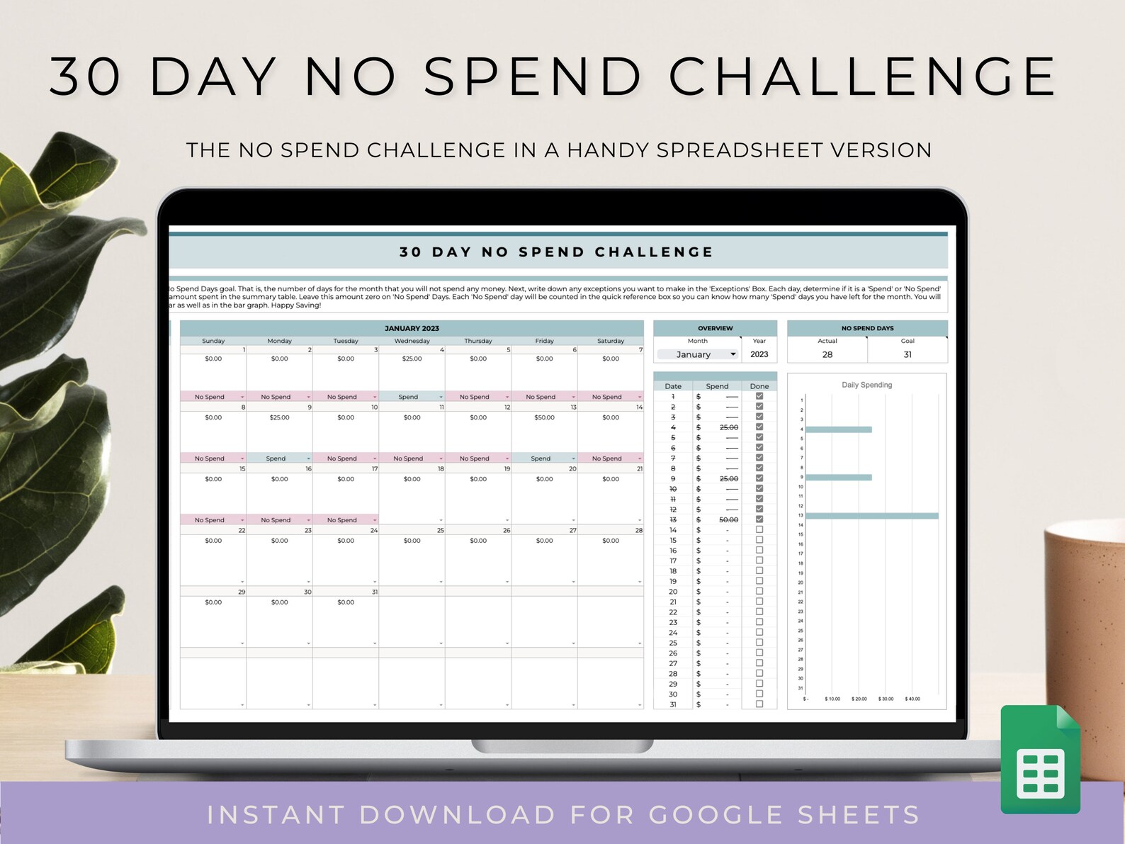 30 Day No Spend Challenge Spreadsheet for Google Sheets Money - Etsy