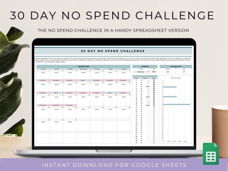 30 Day No Spend Challenge Spreadsheet for Google Sheets Money - Etsy