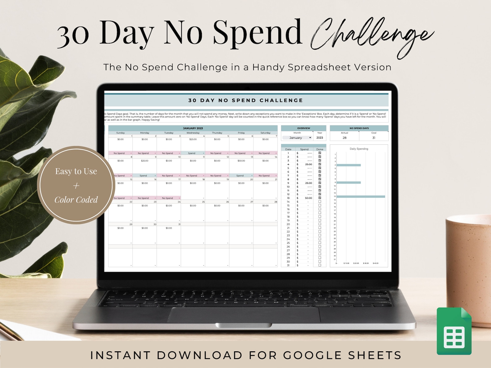 30 Day No Spend Challenge Spreadsheet for Google Sheets, Money ...
