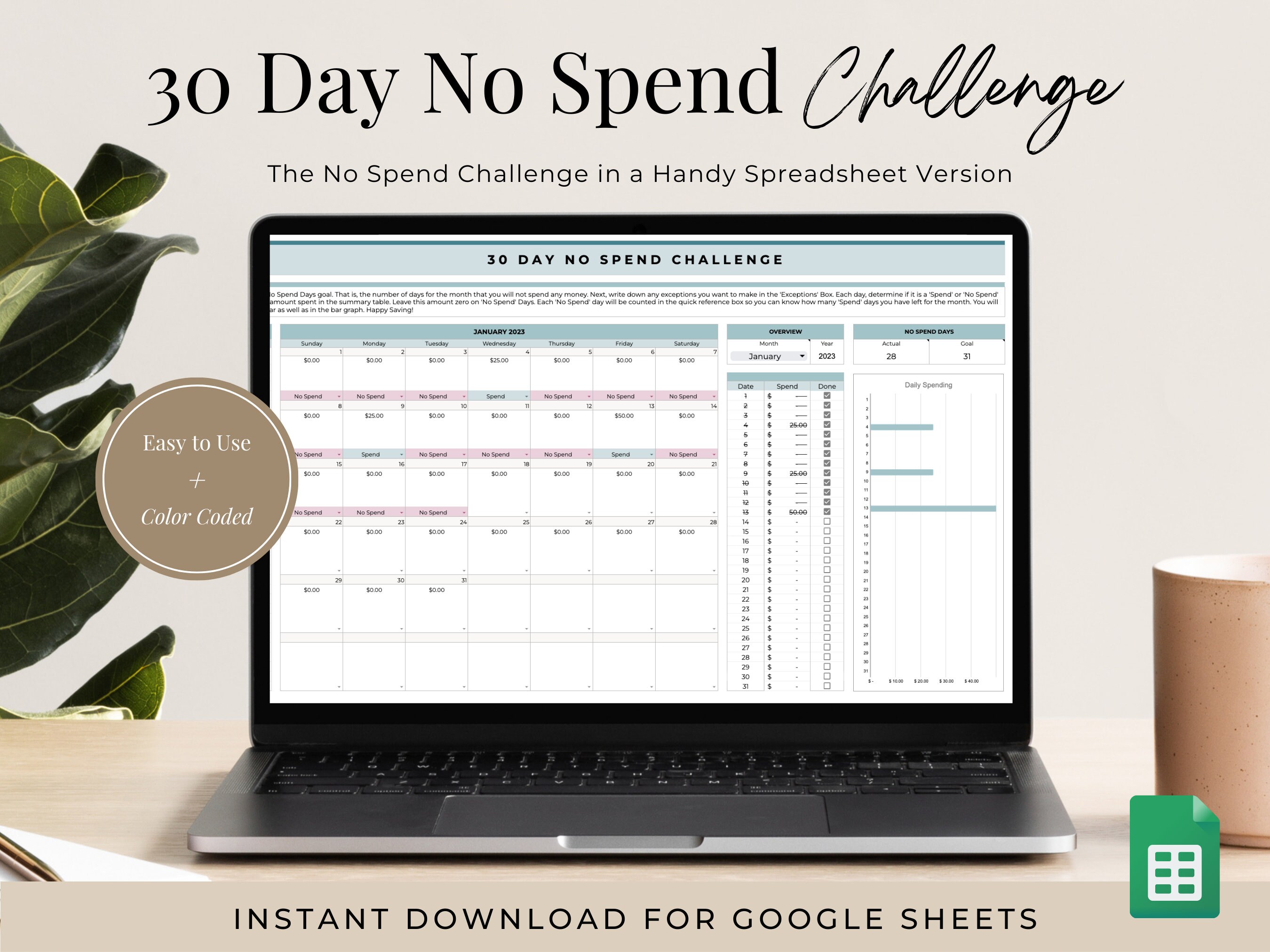 30 Day No Spend Challenge Spreadsheet for Google Sheets, Money ...