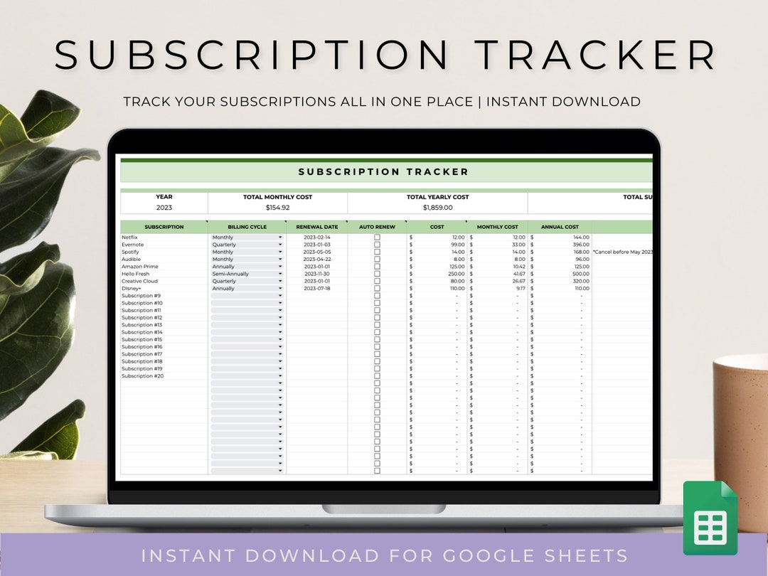 Subscription Tracker Spreadsheet Google Sheets Finance - Etsy