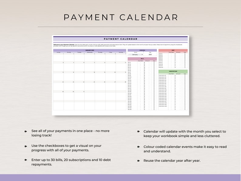 Payment Calendar Spreadsheet, Bill Tracker Google Sheet, Monthly Bill ...