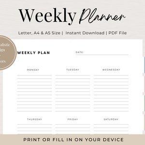 Weekly Planner Printable, Editable Weekly Schedule, Week at a Glance ...