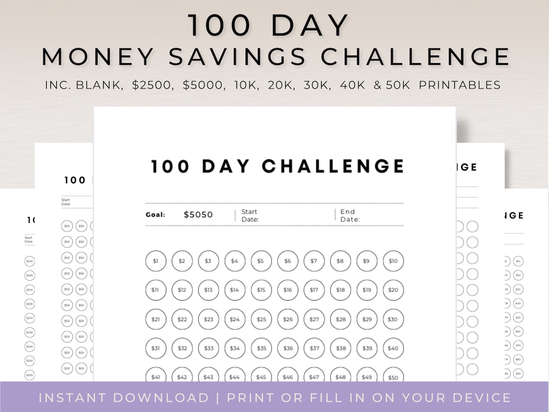 100 Day Savings Challenge Printable, 50k Saving Challenge, 20k in 100 ...