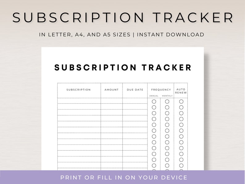 Subscription Tracker Printable Subscriptions Tracker - Etsy