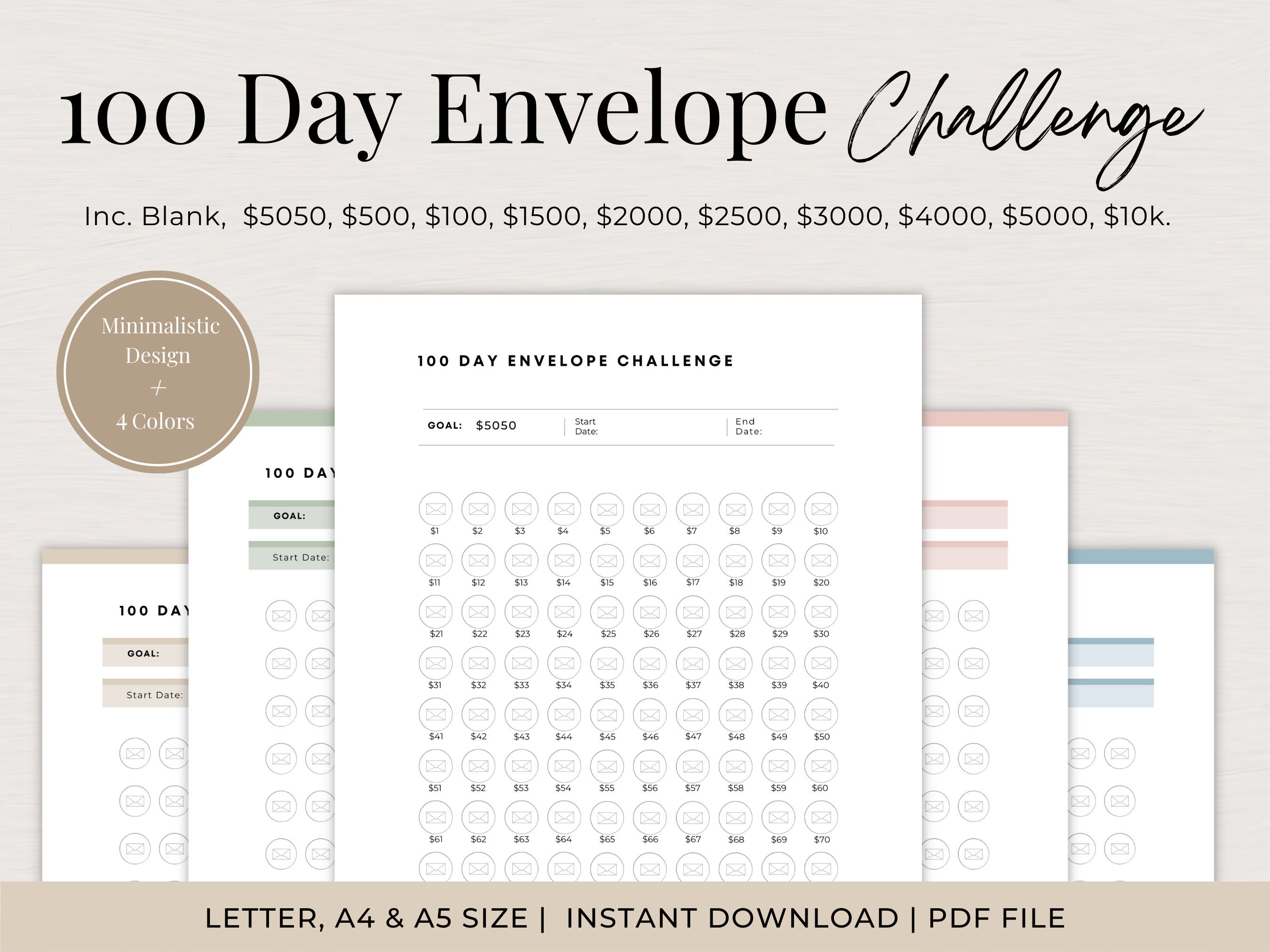 100 Day Envelope Challenge Printable, Saving Challenge, 10k in 100 Days ...