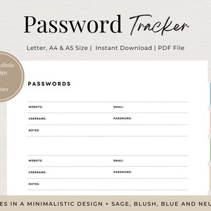 Password Tracker Printable & Fillable, Password Keeper, Password Organizer, Password Log ...