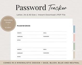 Password Tracker Printable & Fillable, Password Keeper, Password ...
