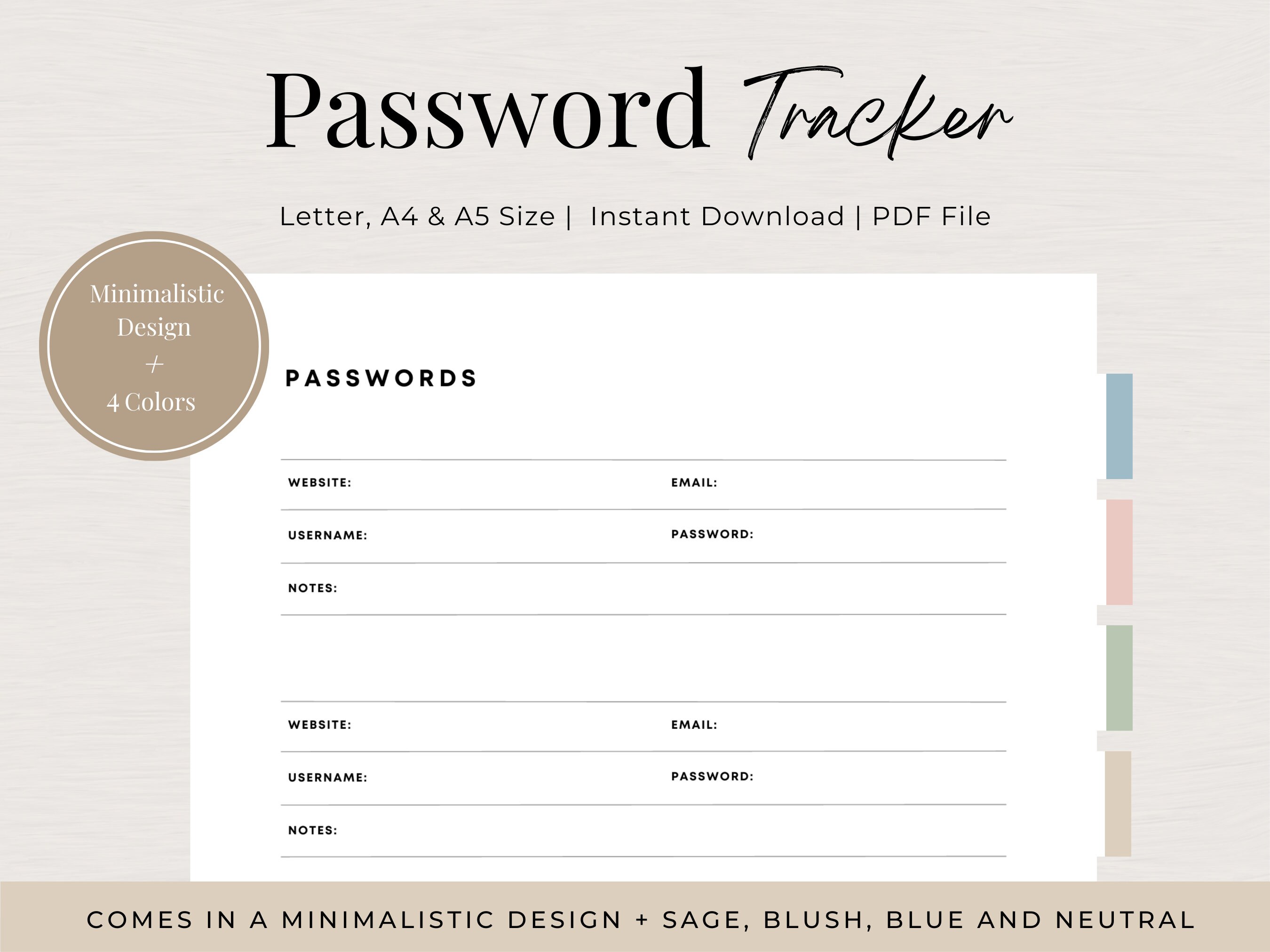 Password Tracker Printable & Fillable, Password Keeper, Password ...