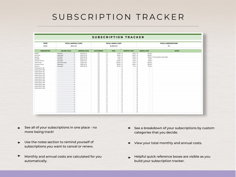 Subscription Tracker Spreadsheet, Google Sheets, Finance Planner ...