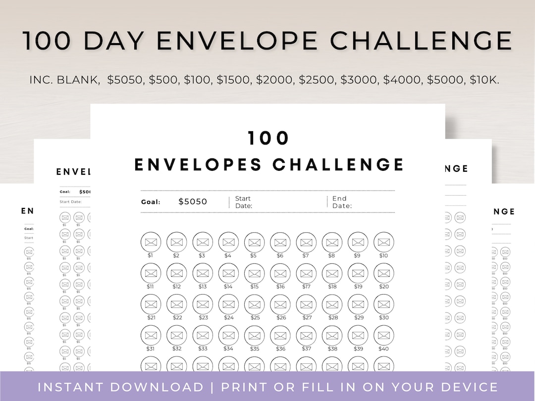 100 Day Envelope Challenge Printable, Saving Challenge, 10k in 100 Days ...