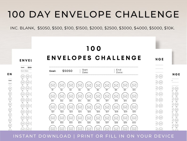 100 Day Envelope Challenge Printable, Saving Challenge, 10k in 100 Days, 5k in 100 Days, 100 ...